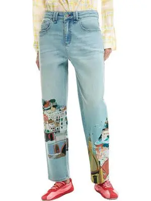 Desigual Graphic Print Ankle Taper Jeans - Medium Blue