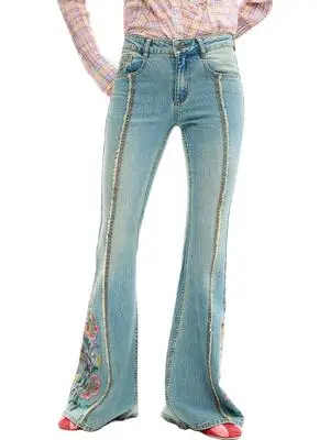 Desigual Embroidered Flare Jeans - Medium Blue