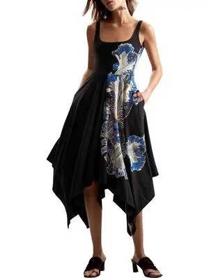 Desigual Placement Print Handkerchief Hem Stretch Cotton Dress - Black
