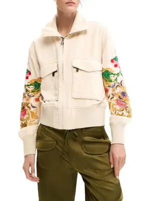 Desigual Embroidered Sleeve Jacket - Light Beige