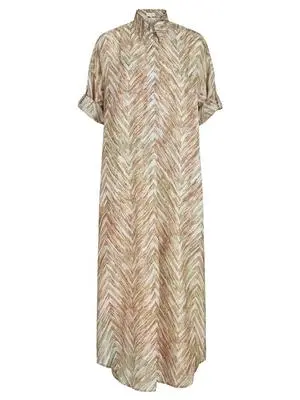 Brunello Cucinelli Chevron Print Silk Midi Shirt Dress - Neutrals