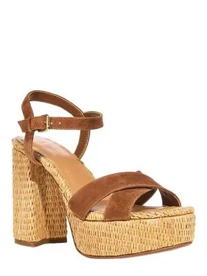 Aqua Grace Platform Sandals - Cognac Suede