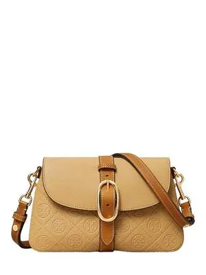 Tory Burch Small Double T Monogram Pebbled Leather Shoulder Bag - Biscotti