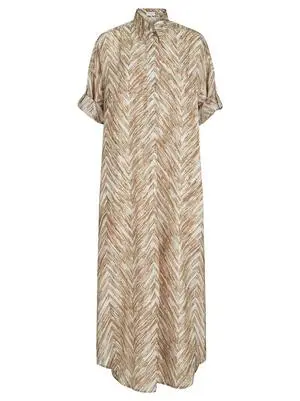 Brunello Cucinelli Chevron Print Silk Shirt Dress - Beige