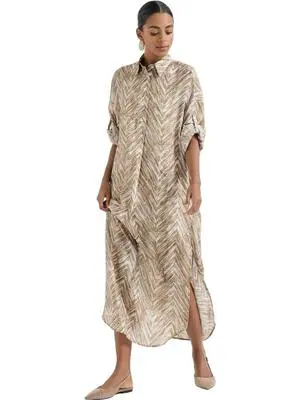 Brunello Cucinelli Chevron Print Silk Shirt Dress - Beige