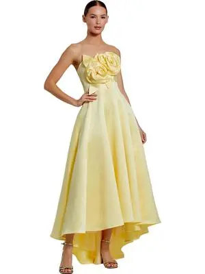 Mac Duggal Strapless Satin High-low Gown With 3d Flowers - Yellow