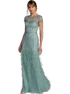 Mac Duggal Embellished Feather Gown - Seafoam