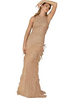 MAC DUGGAL COLLECTION Embellished Lace Sleeveless Feather Gown - Neutral