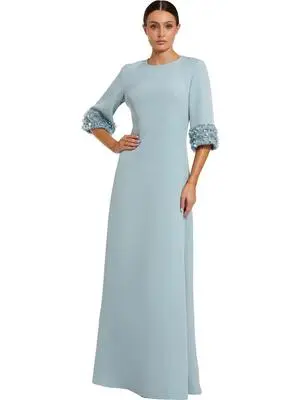 Mac Duggal A-line Crepe Gown With Embellished Sleeves - French Blue