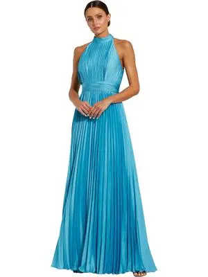 Mac Duggal Sleeveless Pleated Halter Gown - Blue