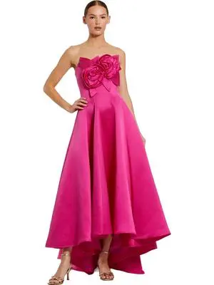 Mac Duggal Strapless Satin High-low Gown With 3d Flowers - Pink