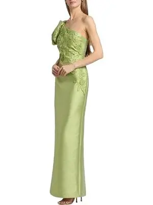 Badgley Mischka One-shoulder Pebble Gazar Column Gown - Lime