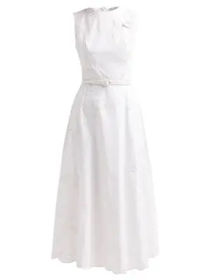 Oscar De La Renta Floral-embroidered Poplin Sateen Day Dress - White