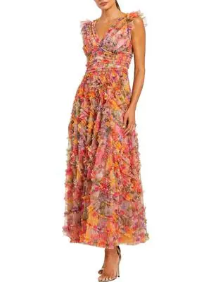 Mac Duggal Petite Floral Tulle Ruffle Maxi Dress - Multi