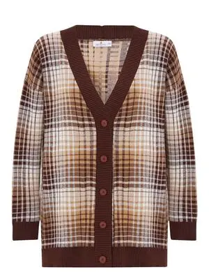 PERALUNA Cashmere Blend Loose Fit V-neck Plaid Knit Cardigan - Brown