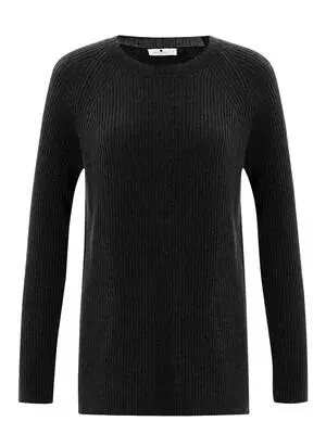 PERALUNA Cashmere Blend O-neck Ribbed Slit Pullover - Black