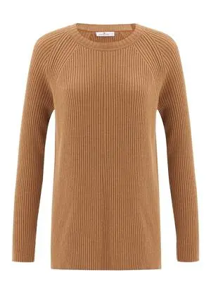 PERALUNA Cashmere Blend O-neck Ribbed Slit Pullover Camel - Brown
