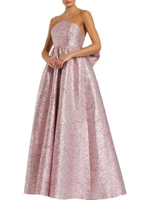 Mac Duggal Evening Metallic Brocade Bow Strapless Gown - Raspberry