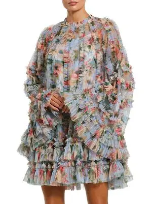 Mac Duggal Cocktail Ruffled Floral Tent Dress - Blue Multi