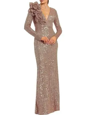 Mac Duggal Ieena Sequined Column Gown - Copper