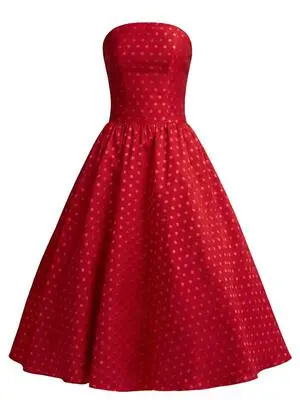Mac Duggal Polka Dot Brocade Strapless Midi Dress - Red Multi