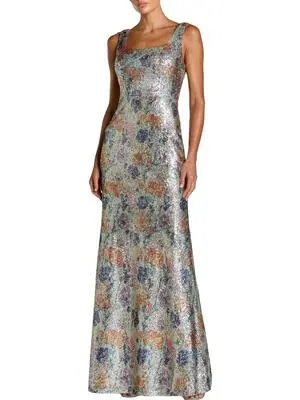 Mac Duggal Floral Sequined Sleeveless Metallic Gown - Silver Multi