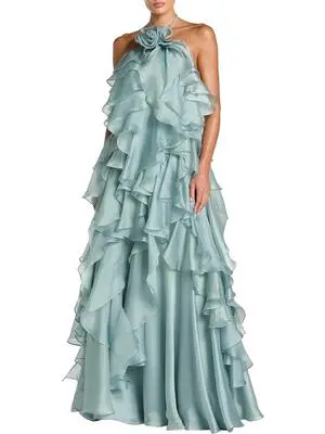 Mac Duggal Rosette Organza Trapeze Ruffle Halter Gown - Mint