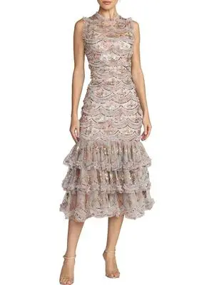 Mac Duggal Floral Embroidered Ruffled Midi-dress - Pastel Multi