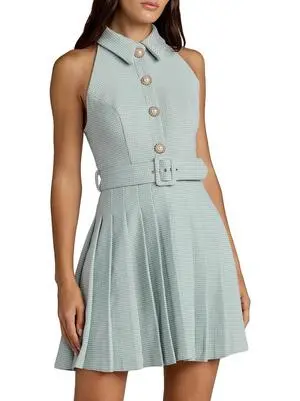 Mac Duggal Bouclé Pleated Button-front Minidress Sage