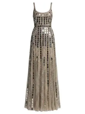 Mac Duggal Mirror Embellished Mesh Gown - Silver