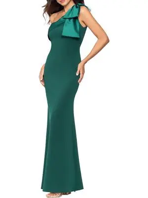 Betsy & Adam Satin Bow Detail One-shoulder Scuba Crepe Sheath Gown - Hunter
