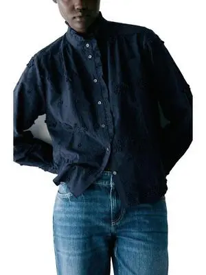 Mango Embroidered Ruffle Shirt - Navy