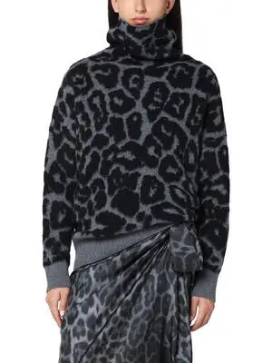 Stella McCartney Leopard Print Wool Turtleneck Sweater - Black