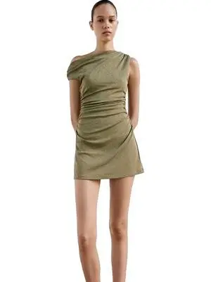 Mango Ruched One-shoulder Minidress - Khaki Green