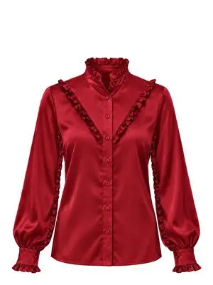 CARLOSLINES Ruffle Stand Collar Long Sleeve Shirt In Burgundy Solid Red