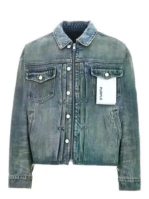 PURPLE BRAND Reflective Selvedge Distressed Studded Denim Jacket - Blue