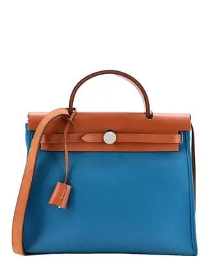 Hermès 31 Herbag Zip Leather And Toile Blue/ Blue/ Brown