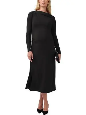 INGRID & ISABEL Ruched Mock Neck Maternity Midi Dress Black