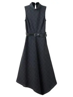 Mango Belted Check Sleeveless Maxi Dress - Grey