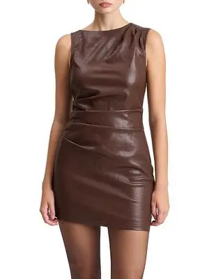 Avec Les Filles Asymmetric Ruched Faux Leather Mini Dress - Chocolate
