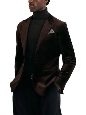 REISS Apsara Cotton Blend Peak Lapel Velvet Blazer - Brown
