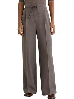 REISS Petite Elowen Drawstring Waist Wide Leg Trousers Neutral
