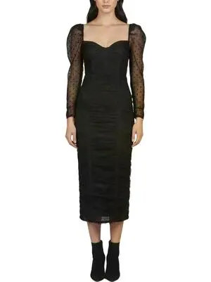 SELF-PORTRAIT Dot Mesh Gathered Midi Dress