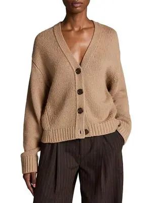 Vince Wool & Cashmere Boxy V Neck Cardigan Camel
