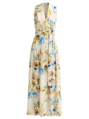 Kobi Halperin Violet Floral Hammered Satin Maxi Dress Ecru Multi