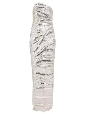 Pamella Roland Wave Beaded Tulle Strapless Column Gown - Silver