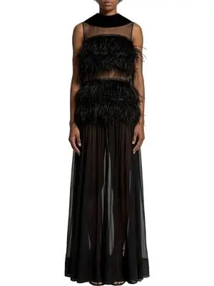 Alberta Ferretti Off-the-shoulder Long Silk Gown With Ostrich Feathers Black