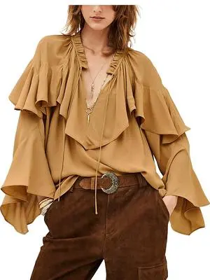 Ba&sh Betty Ruffled V Neck Blouse Camel
