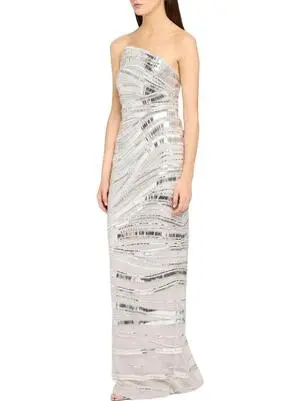 Pamella Roland Wave Beaded Tulle Strapless Column Gown - Silver