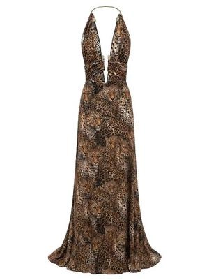 Philipp Plein Open Back Piercing Long Dress All-over Leopard Women Beige